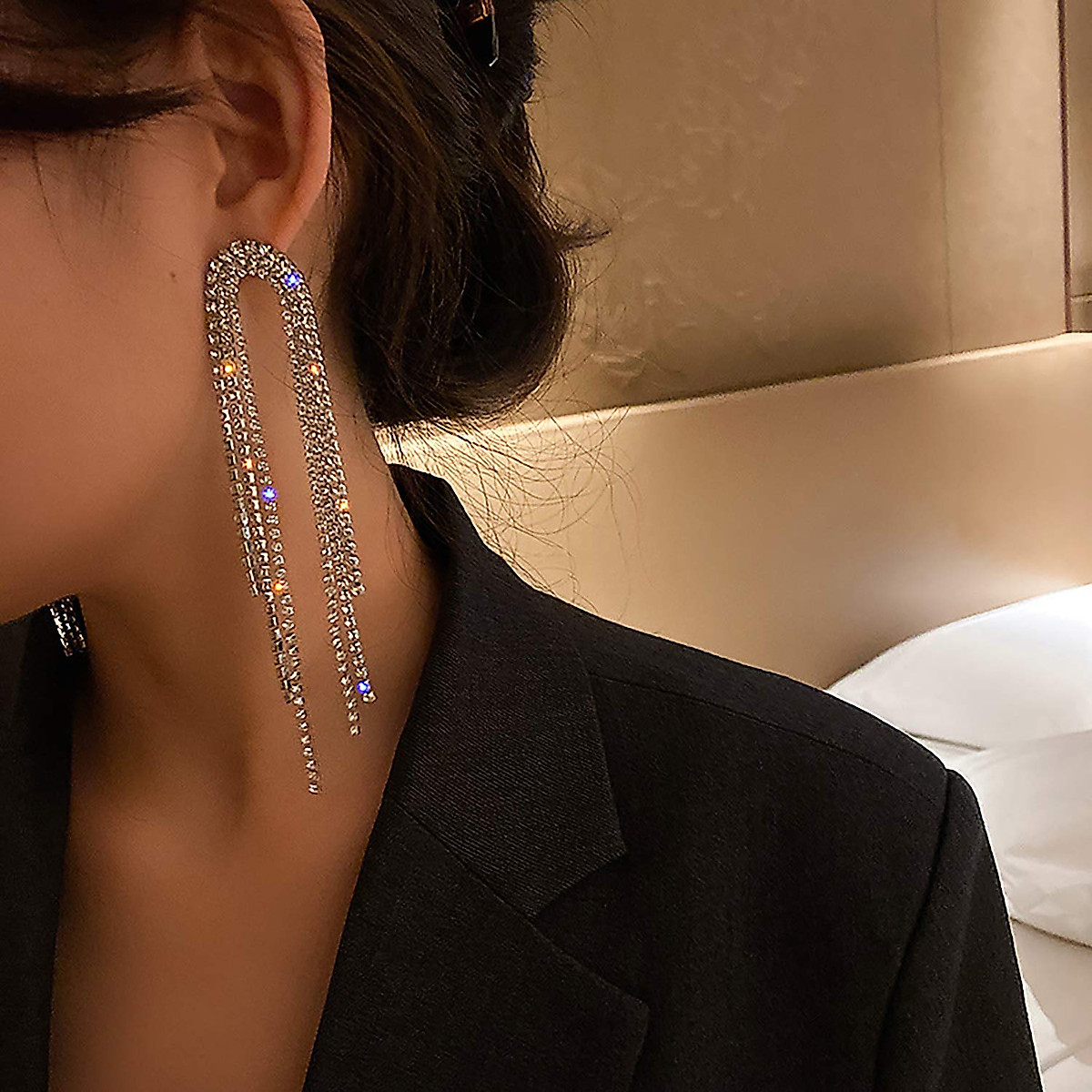 GBAHFY Fashion Long Tassel Crystal Drop Earrings for Women Geometric Full Rhinestone Earrings Statement Jewelry Gifts (Long Tassel Crystal Drop Earrings-Silver)