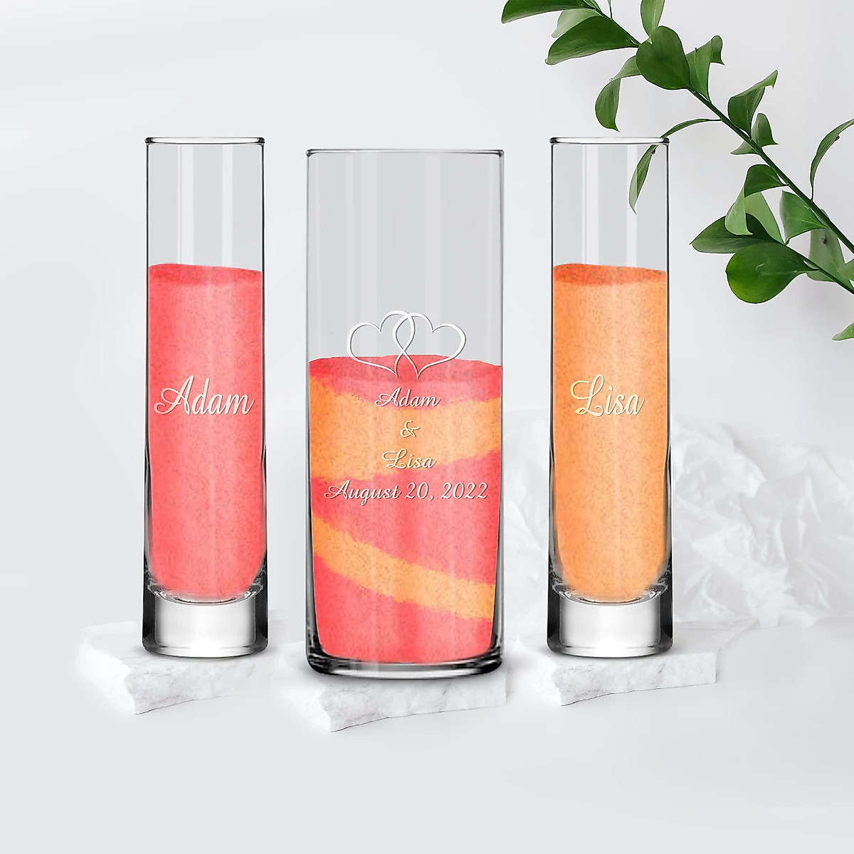 Personalized Unity Sand Ceremony Sets – Salt Ceremony Kit For Weddings, Unity Candle Alternative, Blended Family Sand Set. Best Gift for Wedding or Anniversary. Cylinder w Double Heart