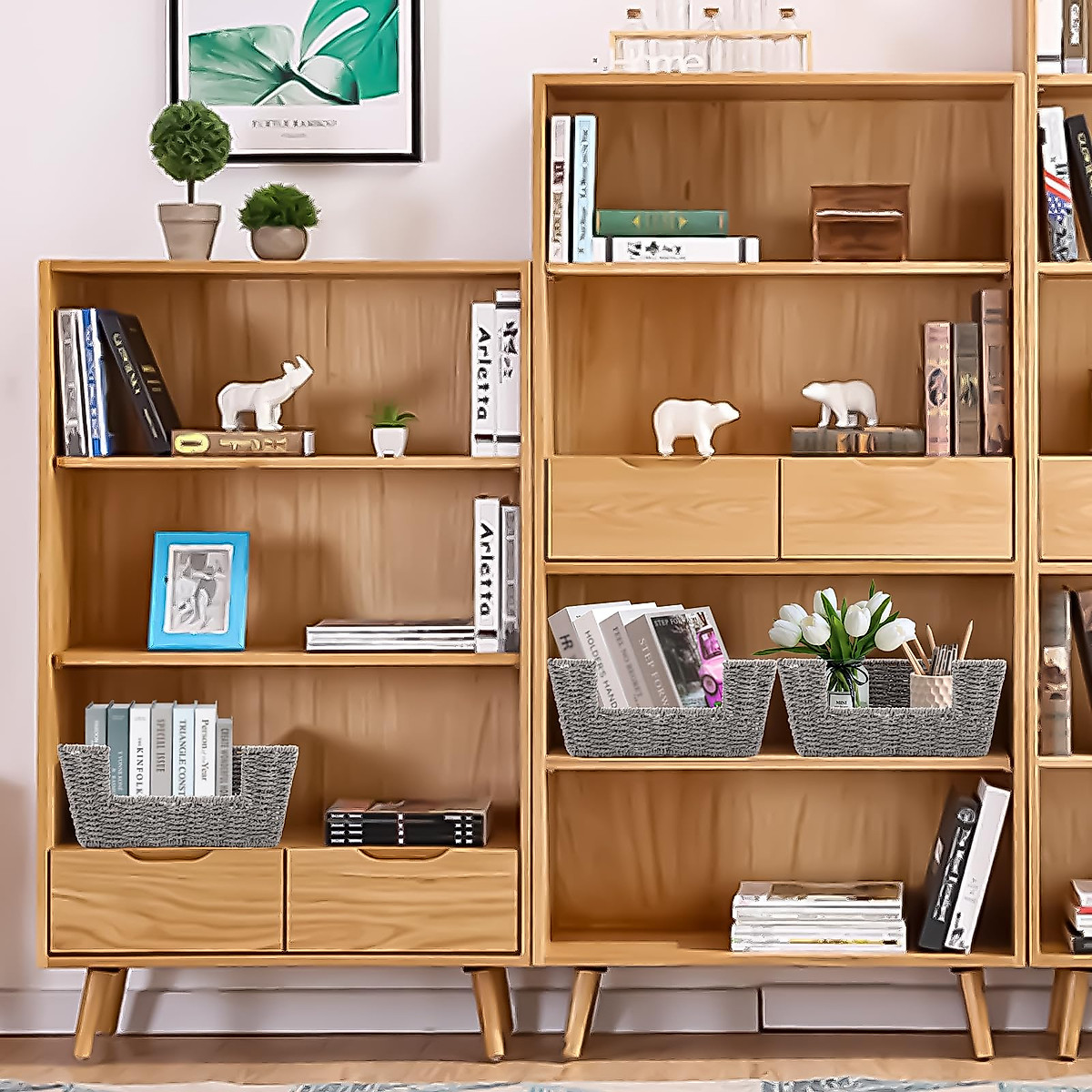 HNFNGSZL Wicker Baskets for Storage, Pantry Baskets Organization and Storage, Pantry Storage Baskets, Handwoven Wicker Baskets for Shelves, 2 Pack, Grey