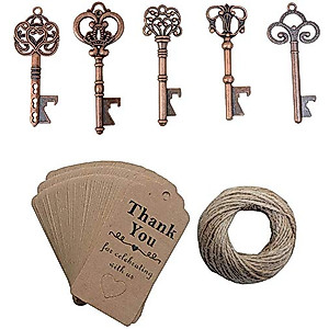 50 Pcs Copper Skeleton Key Beer Bottle Opener With 100 Pcs Thank You Card and 98 Feet Hemp Rope for Wedding Party Favors(50pcs Copper)