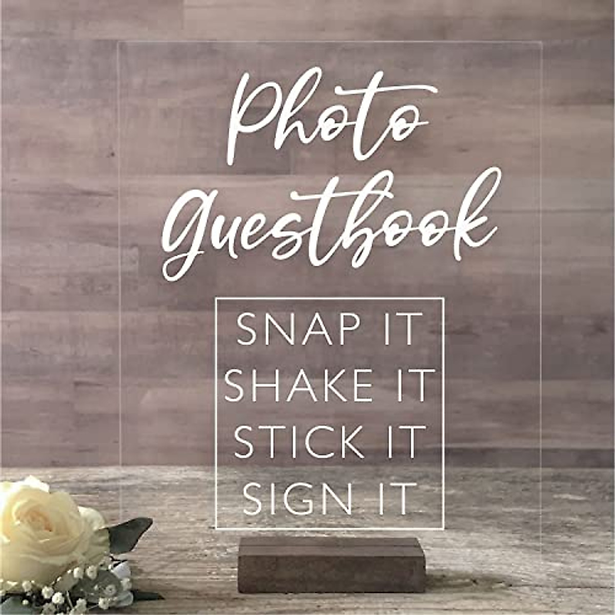 Wedding Photo Guestbook Acrylic Sign | Wedding Guest Book Sign-in | Clear Lucite Sign with Stand | Handmade & Hand-Painted Sign Our Guestbook Message Sign (8x10, Dark Walnut)