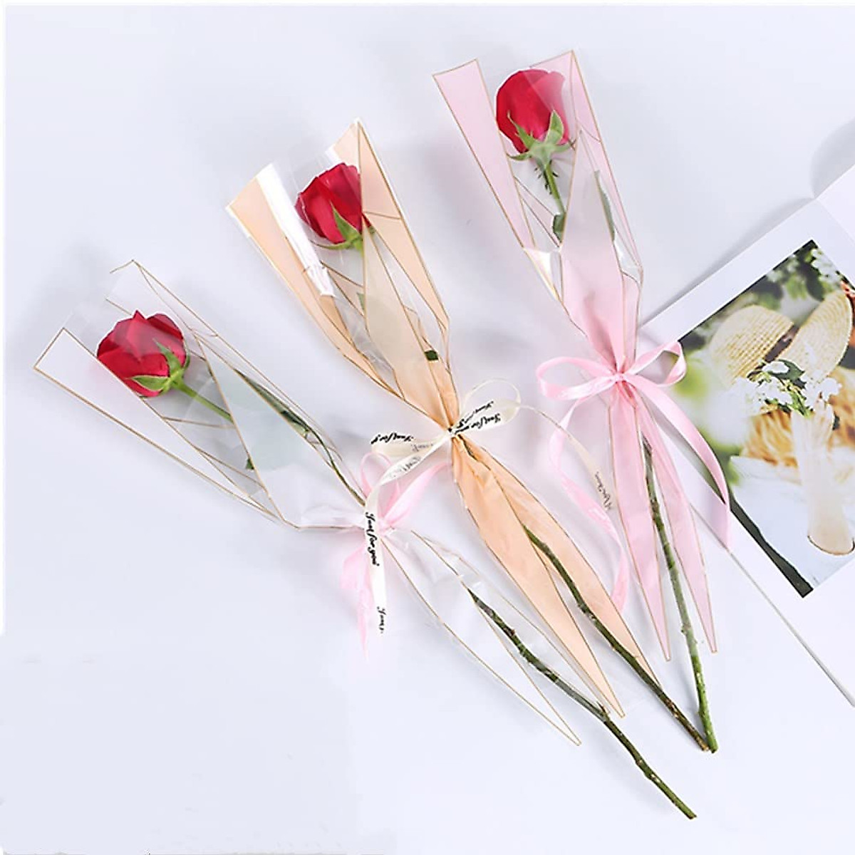 OUKEYI 150 Counts /6 Colors Flower Wrapping Paper Single Rose Packaging Bag,Florist Bouquet Supplies,Waterproof Floral Wrapping Paper 17.7 * 5 * 1.6Inch