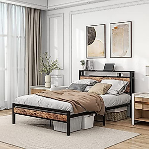 BOFENG Full Size Bed Frame with Storage Headboard/Charging Station,Heavy Duty Metal Platform Bed Frame Full,Reinforced Steel Slats Support, No Box Spring Needed/Easy Assembly/Noise Free/Rustic Brown
