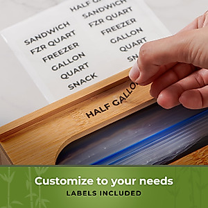 Food Storage Bag Organizer, Plastic Bag Organizer - Bamboo Monoblock Design Baggie Organizer for Drawer with Labels Included, Sandwich Bag Organizer, Quick Refill Slider, by Woodenhouse