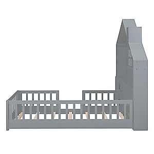 Floor Bed with Rails and House Shape Headboard, Twin Size House Beds with Storage Drawers and Shelves, Kids Montessori Bed with Charging Station for Girls Boys, USB Port & Outlets, Gray