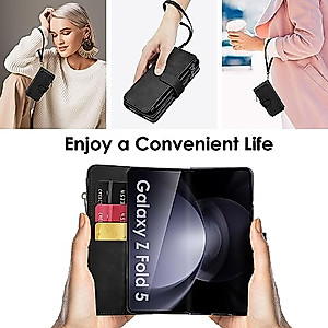 ZIULQIK for Samsung Galaxy Z Fold 5 Case, PU Leather Z Fold 5 Wallet Cases with S Pen Holder & Wrist Crossbody Strap & Card Holder Black
