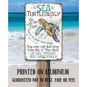 Sea Turtle Decor - Sea Turtleology - Durable Sea Turtle Gifts Metal Sign - Metal Sea Turtle Wall Decor - Sea Turtles Ocean Bathroom Decor - Great SeaTurtle Decorations for Home - Turtle Sign 8" x 12"