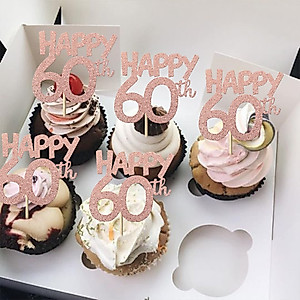 24 PCS Happy 60th Cupcake Toppers Glitter Sixty Cheers to 60 Fabulous Cupcake Picks Number 60 Birthday Cake Decorations for 60th Birthday Wedding Anniversary Retirement Party Supplies Rose Gold