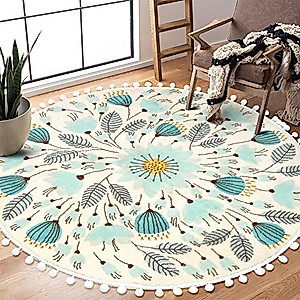 Uphome Round Rug for Bedroom 4' Circle Cute Area Rug with Pom Poms Fringe Floral Plant Washable Throw Rugs Non-Slip Soft Floor Mats for Entryway Laundry Living Room Kids Room Nursery