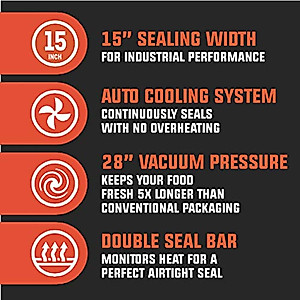 PrimalTek 15" Commercial Grade Vacuum Sealer - User Friendly for Food Savers, 28” Vacuum Pressure – Features an Auto Cooling System, Smart Heat Technology, and Vacuum Bag Positioning Guides