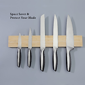 KITCHENDAO Bamboo Magnetic Knife Holder for Wall 17 inch Knife Magnetic Strip Bar Rack- 50% Stronger Magnet - Safe, Secure & Easy Storage Solution for Kitchen Knives, Metal Utensils & More