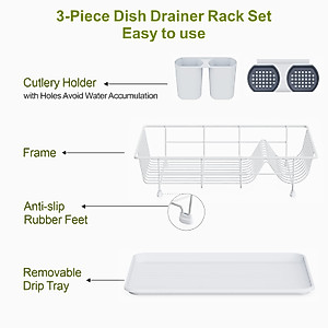 GSlife Dish Drying Rack for Kitchen Counter Small Dish Rack with Drainboard Tray Dish Racks Drainer for Kitchen Countertop, Snow White