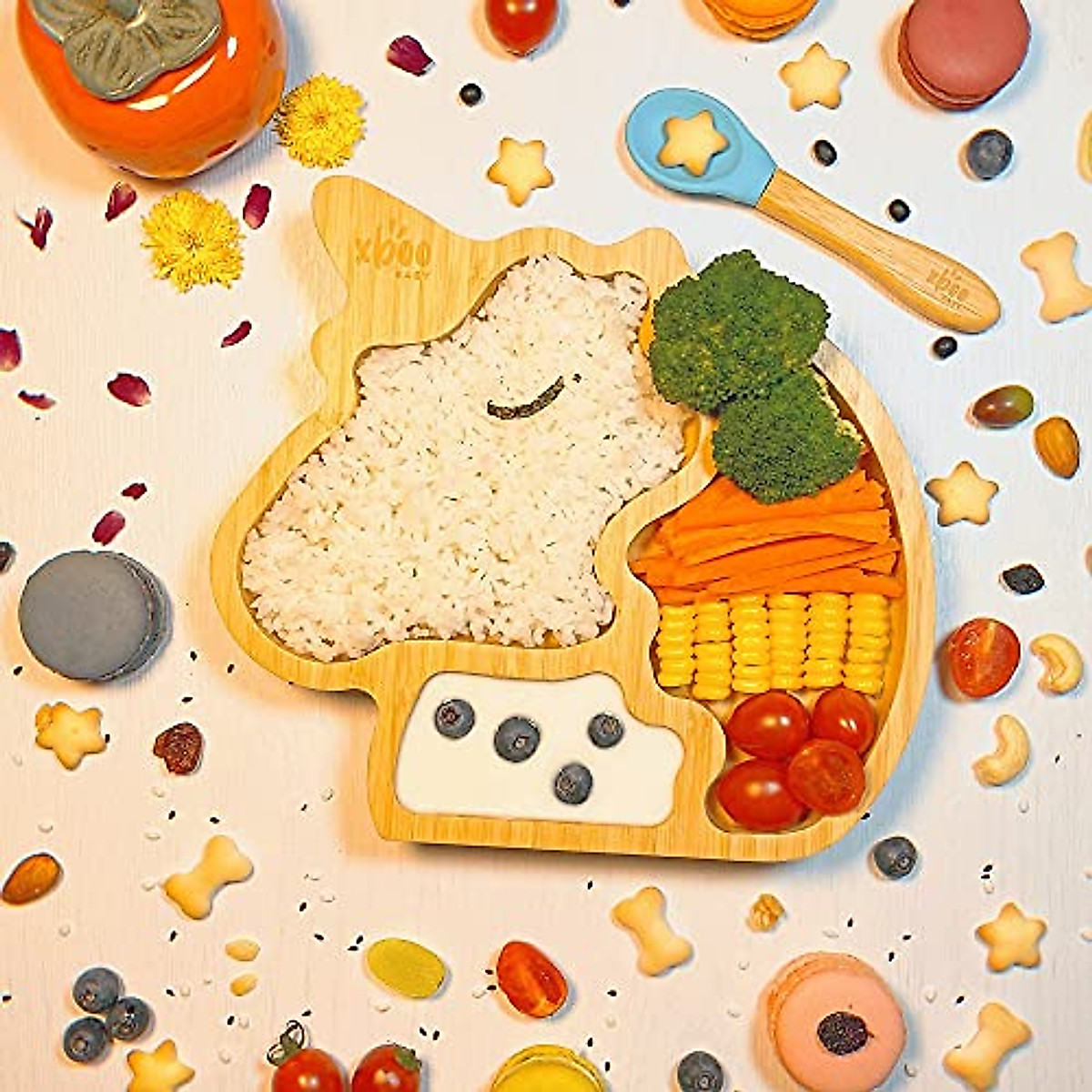 Xboo Baby Plates, Bamboo Baby Suction Plates, Bamboo Suction Plates for Toddlers, Stay Put Feeding Plates, Wooden Divided Plate, Baby Dishes, Kids Plates, BPA Free| Grace_Blue