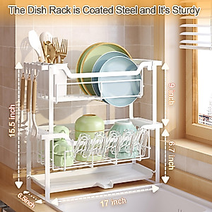 KOSIWU Dish Rack with Drainboard, Organizes Dishes and Bathroom Items for Narrow Spaces, Two-Story Drying Rack Fits 12 Plates 12 Bows 5 Glasses 4 Hooks and Some Cutlery, White