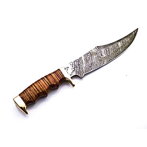 Skokie Knives Custom Hand Made Damascus Steel Hunting Knife Handle Leather Stacked with Brass Spacer (Stacked)