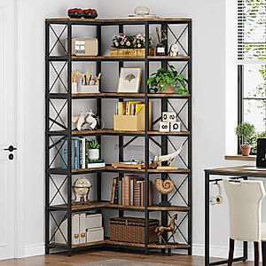 Condemo 7-Shelf Reversible Corner Bookshelf, Modern Industrial Tall Bookcase, 7-Tier Large L-Shaped Storage Shelf Display Rack with Metal Frame for Living Room, Home Office, Bedroom, Rustic Brown