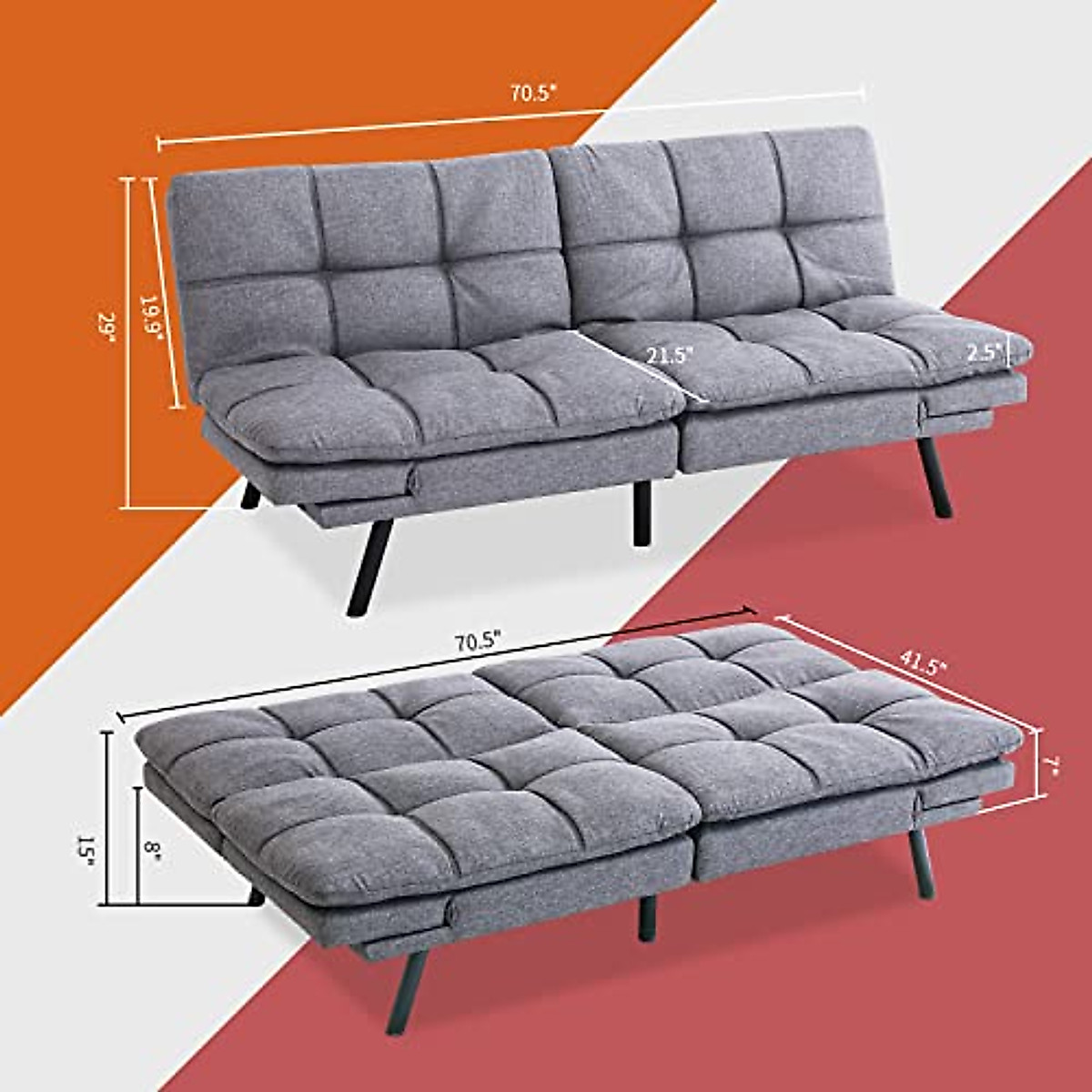 Opoiar Grey Fabric Futon Sofa Bed Couch,3" Memory Foam Loveseat Sofa Bed,71" L Modern Sleeper Sofa Bed with Covertible Armrests,Small Space Sofa Bed for Living Room,Home Office,Apartment