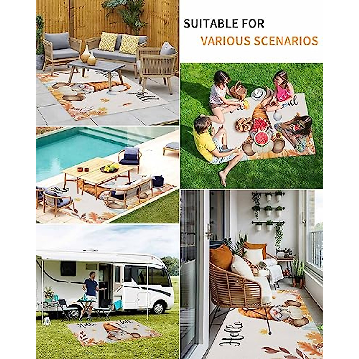 Hello Fall Gnomes Outdoor Rug for Patio/Deck/Porch, Non-Slip Large Area Rug 6 x 9 Ft, Thanksgiving Pumpkin Maple Leaf Indoor Outdoor Rugs Washable Area Rugs, Reversible Camping Rug Carpet Runner