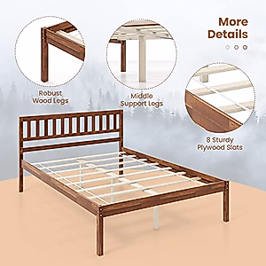 Giantex Wood Full Bed Frame with Headboard, Mid Century Platform Bed with Wood Slat Support, Solid Wood Foundation, 12 Inch Height for Under Bed Storage, Easy Assemble, Walnut