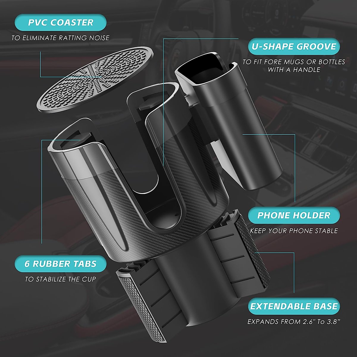 OUSHASAA 2-in-1-Car-Cup-Holder-Expander-Adapter with Phone Holder Adjustable Base Fits Most Cup Holder and Phones, Compatible for HydroFlask, Yeti, Nalgene, Large 32/40 oz Bottles in 3.2"-3.8" (1pcs)