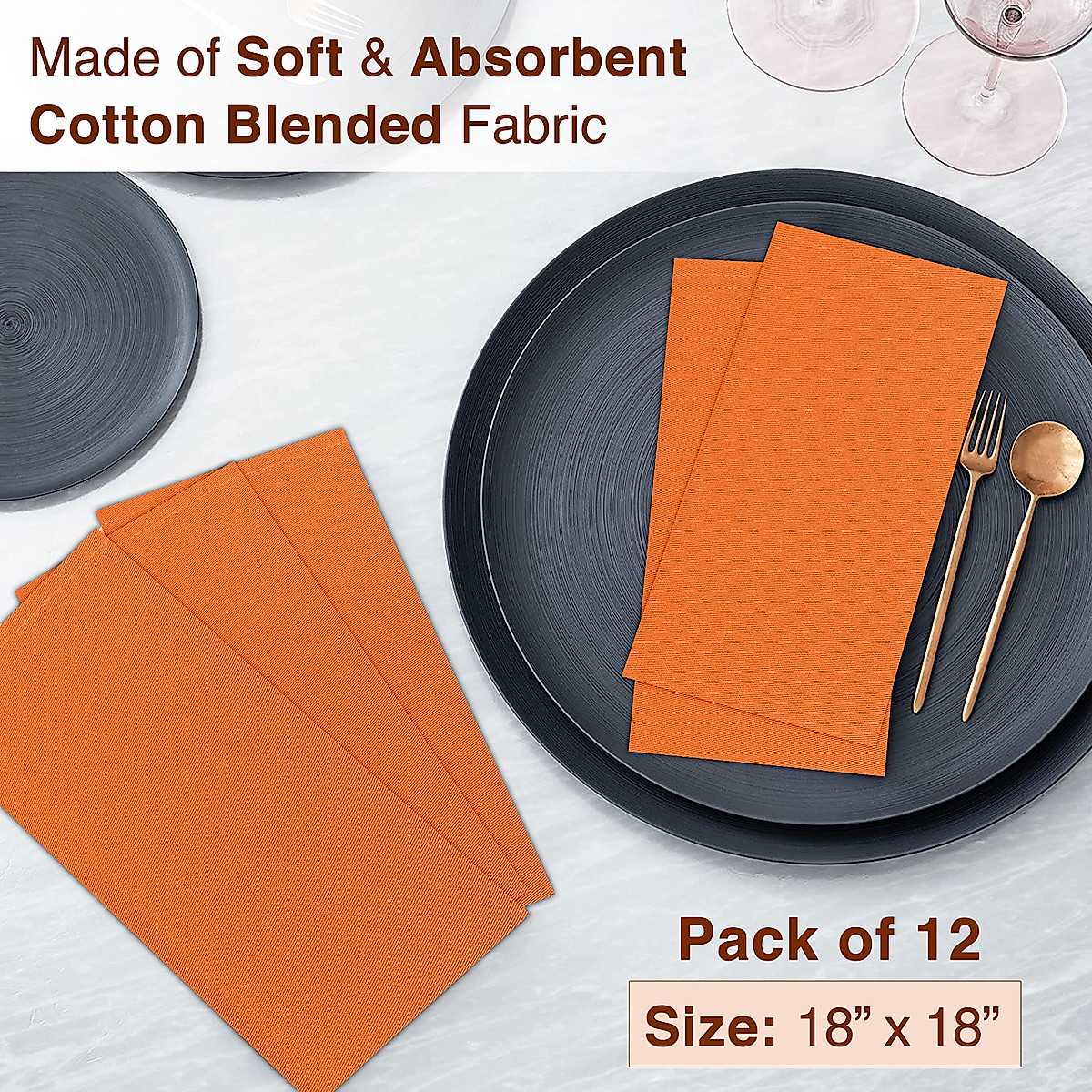 Ruvanti Cloth Napkins Set of 12, 18x18 Inches Napkins Cloth Washable, Soft, Durable, Absorbent, Cotton Blend. Table Dinner Napkins Cloth for Thanksgiving, Halloween Dinners Parties - Orange/Fall