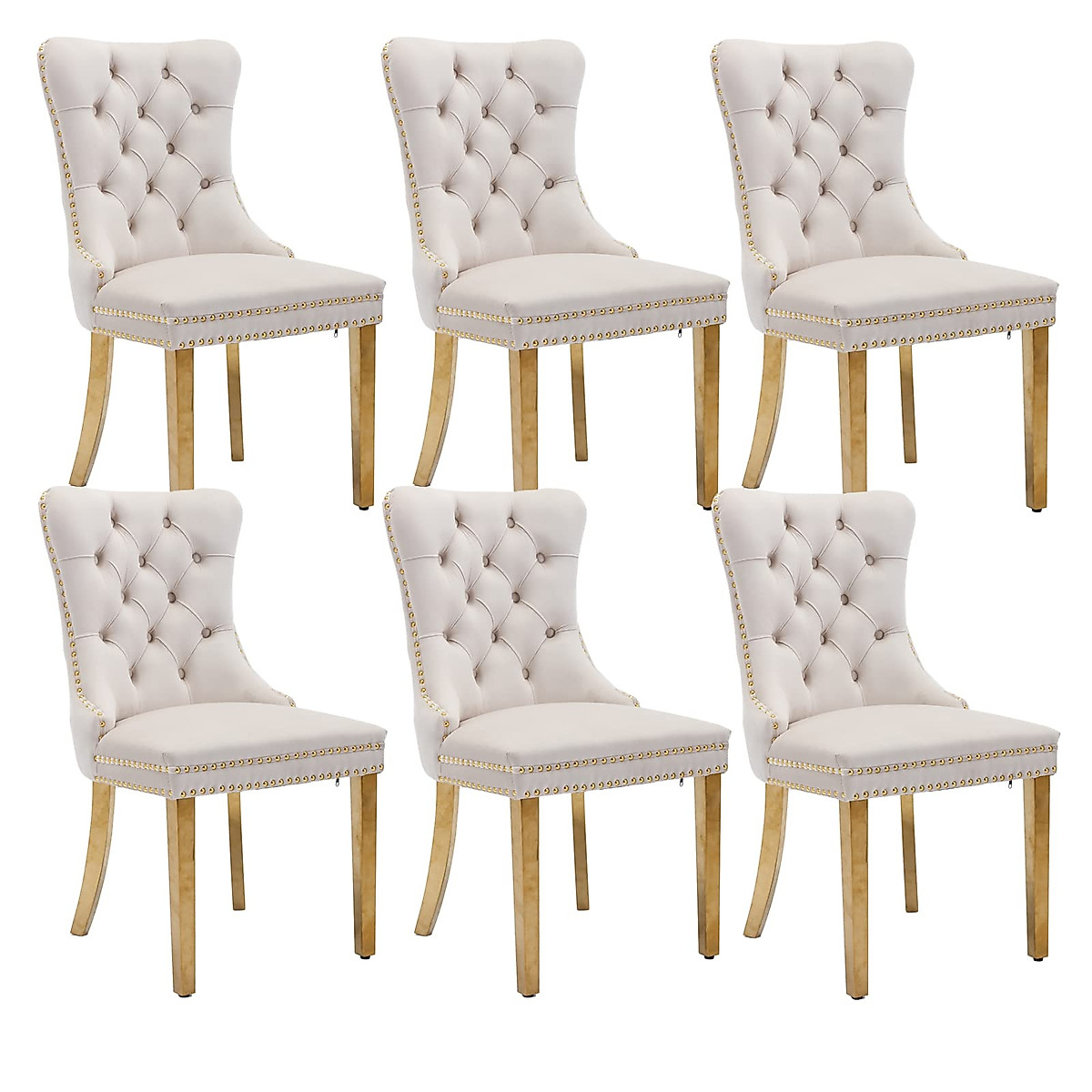 Shenyon Beige Velvet Dining Chairs Set of 6, Upholstered Dining Room Chairs with Back Ring Pull Trim and Golden Stainless Steel Legs,Modern Kitchen Chairs for Dining Room,Living Room,Kitchen(Beige)