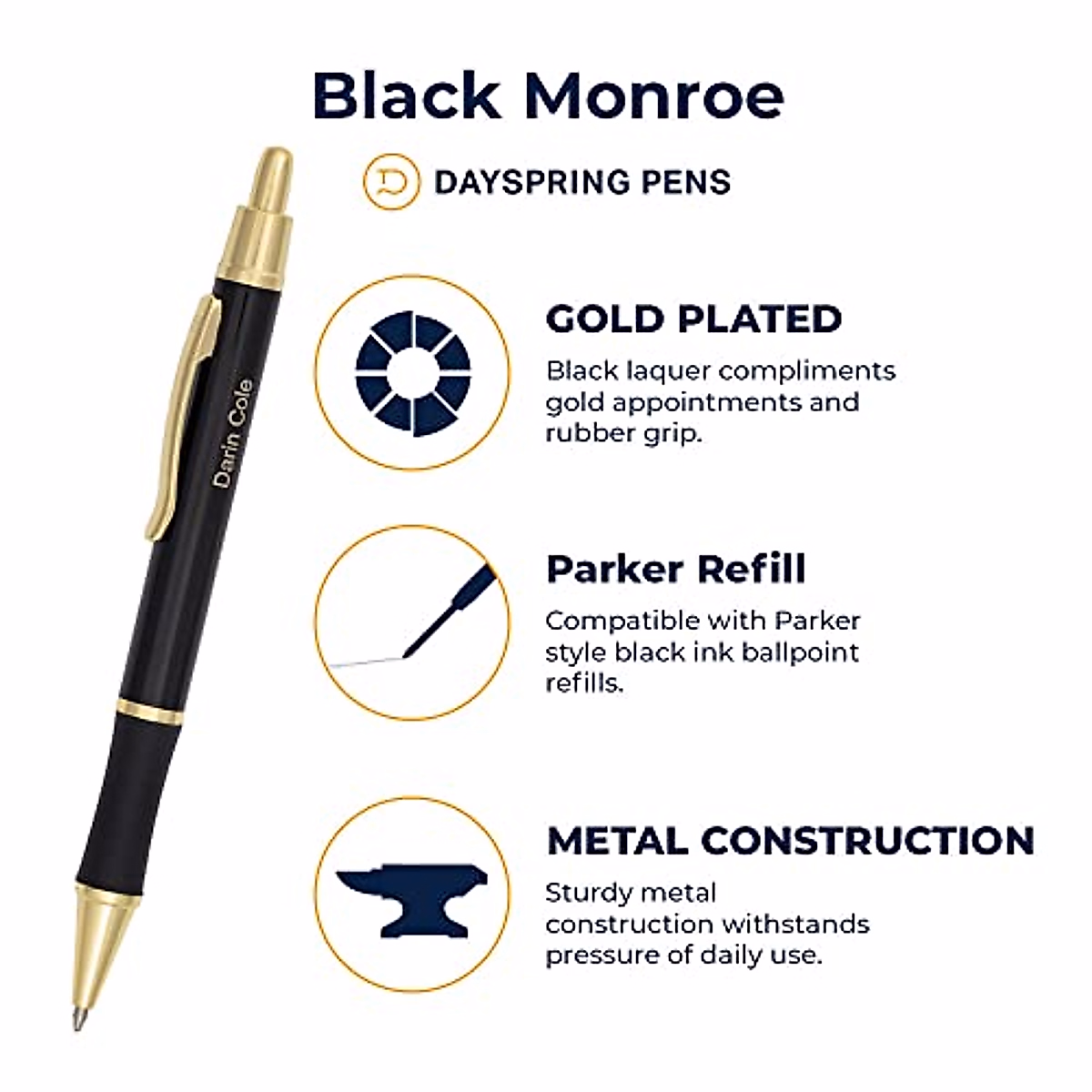 Dayspring Pens | Personalized Monroe Black Ballpoint Gift Pen and Premium Gift Case - Custom Engraved Fast with Your Name | Shipped in One Business Day