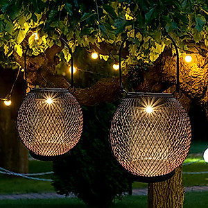 Solar Lantern - Hanging Solar Lights Outdoor Waterproof, Mesh Metal Lantern Decorative Solar Powered Patio Decor for Garden Yard Backyard Porch Table Pathway Tree Lighting, Warm White, 2 Pack