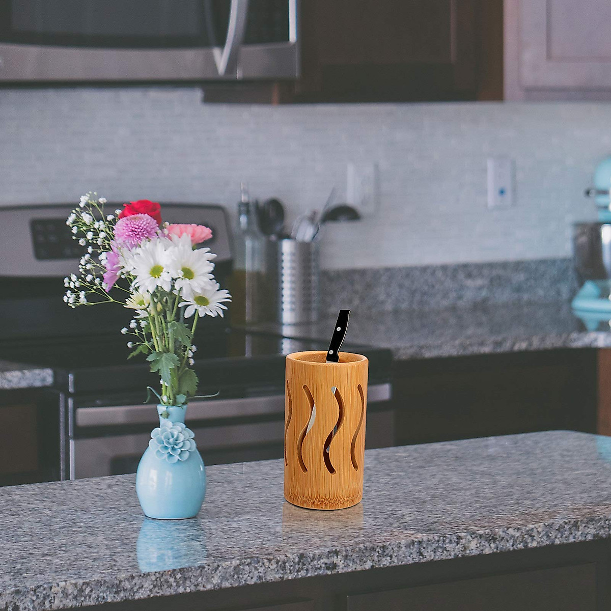 Hemoton KItchen Utensil Holder Caddy Bamboo Kitchen Tool Holder Chopsticks Storage Barrel Spoon Fork Holder Cutlery Tableware Storage Container Organizer