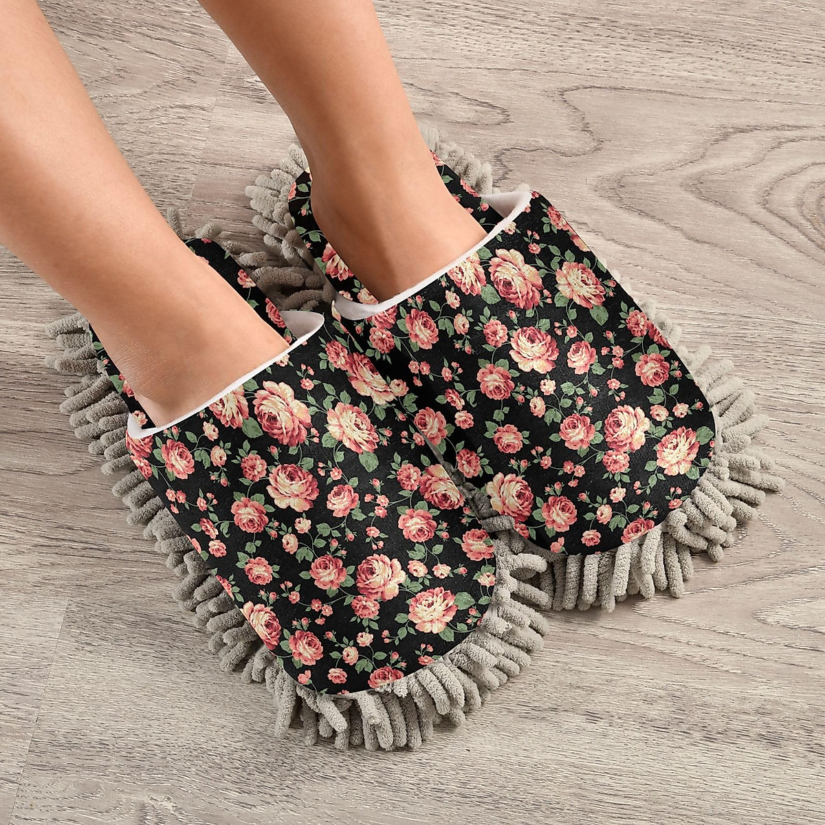 FLildon Microfiber Cleaning Slippers Blooming Roses Washable Mop Shoes Slipper for Men/Women House Floor Dust Cleaner, Size L