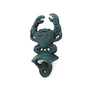 Hampton Nautical Seaworn Blue Cast Iron Wall Mounted Crab Bottle Opener, 6"