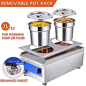 1200W Commercial Food Warmer with Dual 7L Pots Stainless Steel Countertop Steam Table Soup Restaurant Buffet，Easy Cleaning and Simple Maintenance