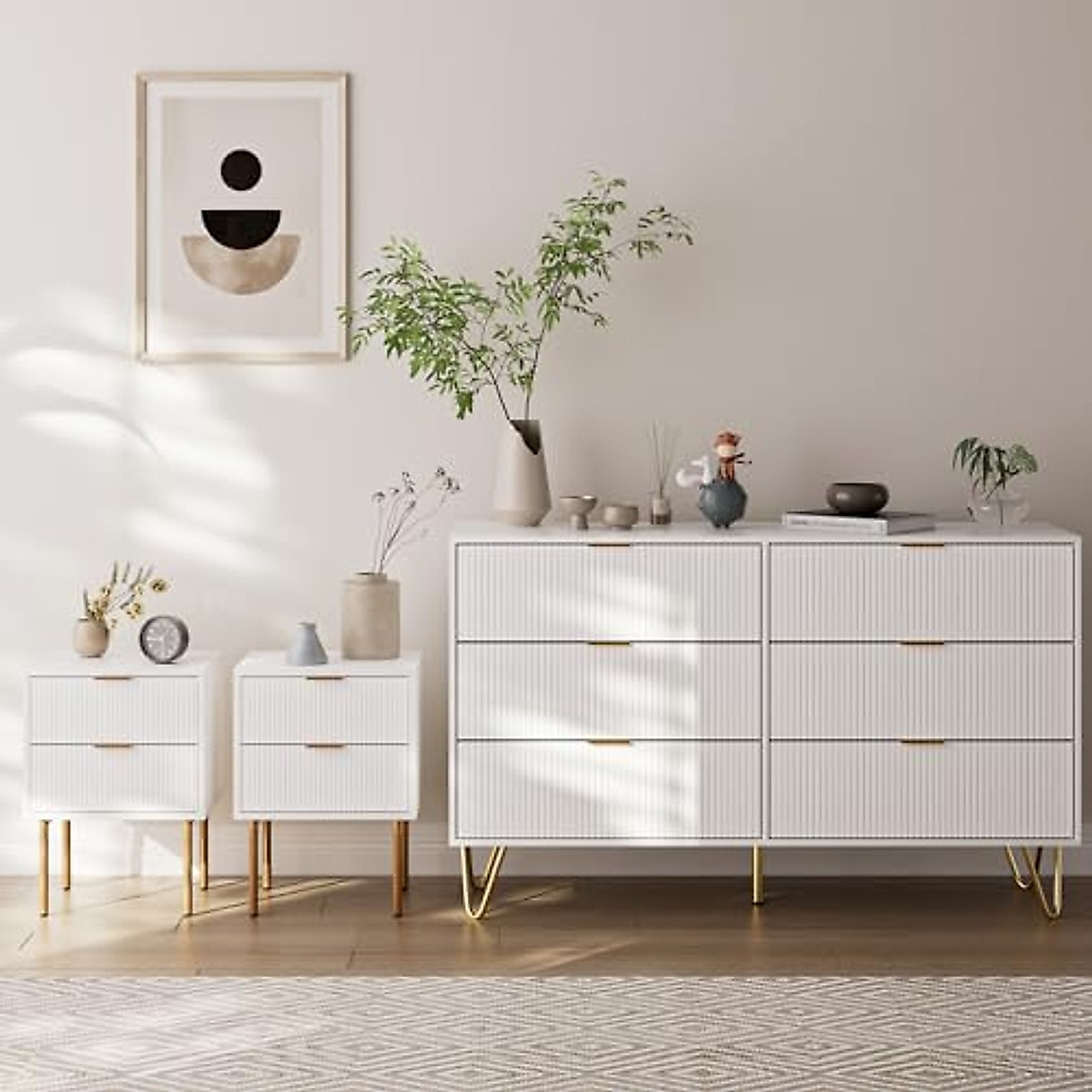Aobafuir 6 Drawer Dresser, Drawer Chest, Tall Storage Dresser Chest Cabinet Organizer Unit with Metal Legs, Large Dresser for Bedroom, Living Room, Closet, Hallway White Stripe