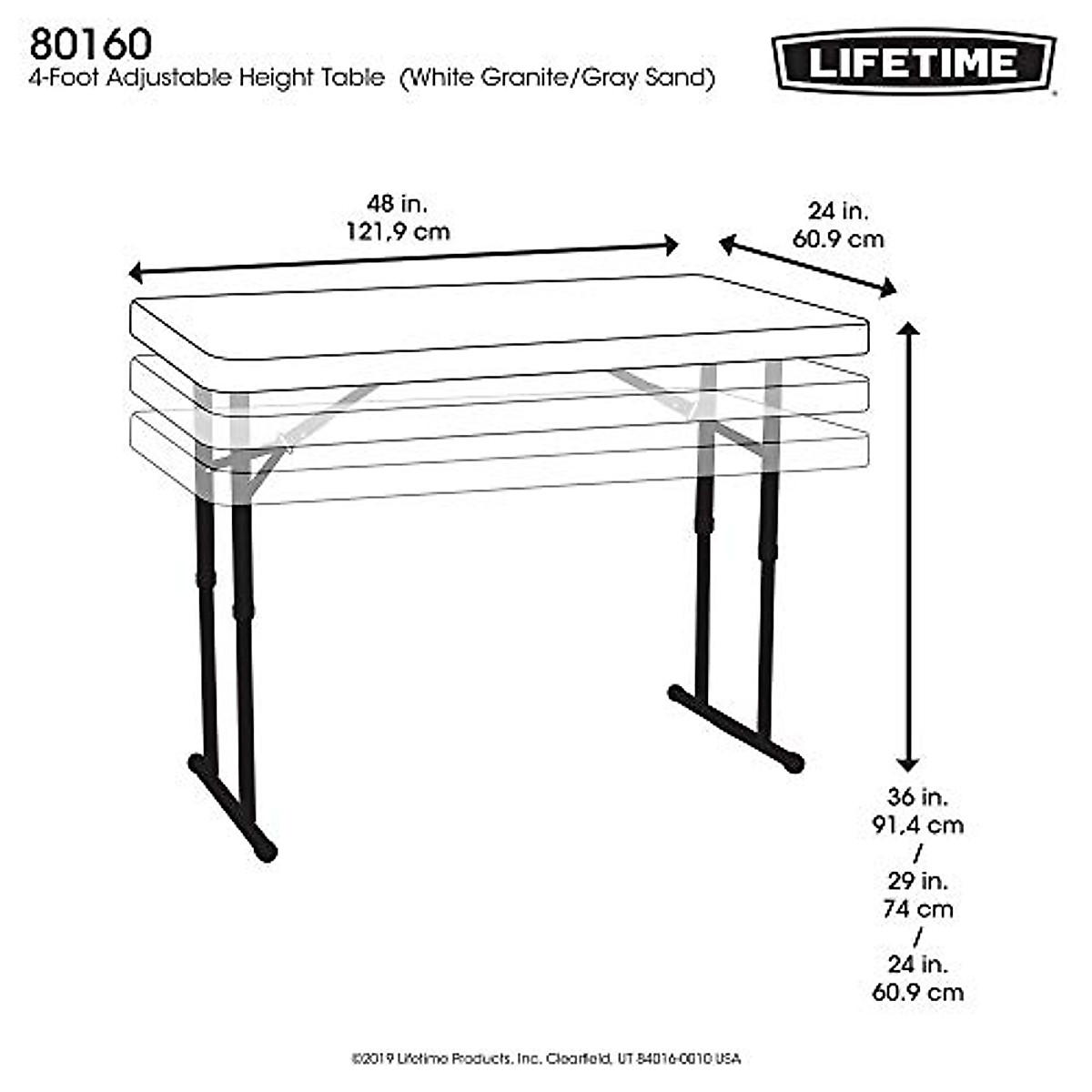 LIFETIME 80160 Commercial Height Adjustable Folding Utility Table, 4 Feet, White Granite
