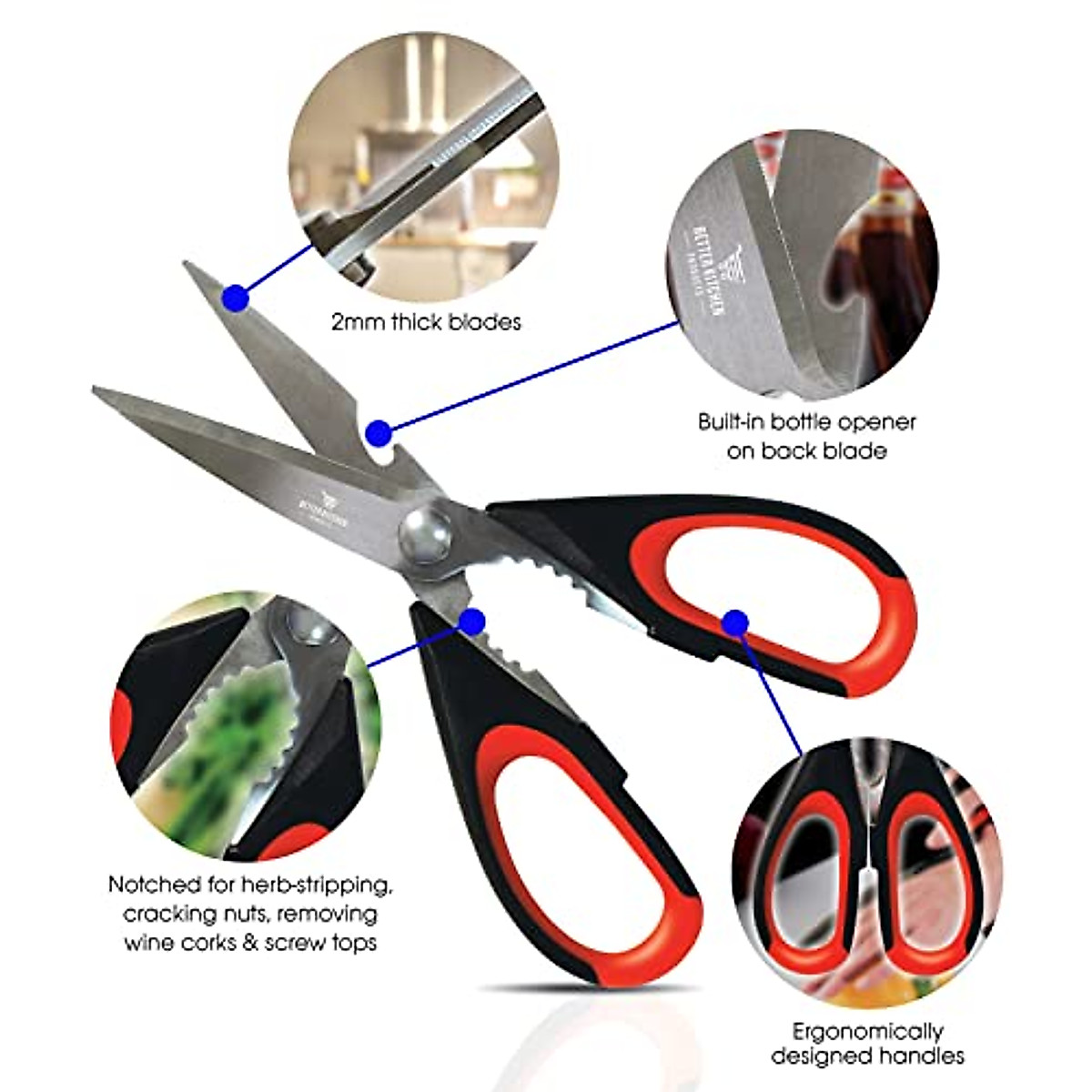 Premium Kitchen Shears by Better Kitchen Products, 8.5", All Purpose Stainless Steel Utility Scissors, Heavy Duty Scissors, Meat Scissors, Poultry Shears, Multipurpose for Culinary Prep(1PK-Black/Red)