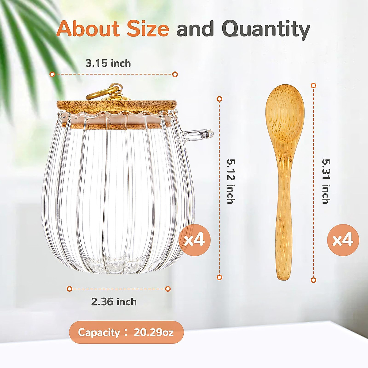Pinkunn Set of 4 Glass Stripe Jar Glass with Bamboo Spoons 20 Fl oz Overnight Oats Containers with Lids Coffee Sugar Container Set for Kitchen Food Storage Coffee Tea Sugar