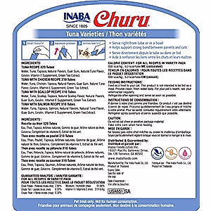 INABA Churu Cat Treats, Grain-Free, Lickable, Squeezable Creamy Purée Cat Treat/Topper with Vitamin E & Taurine, 0.5 Ounces Each Tube, 50 Tubes, Tuna Variety