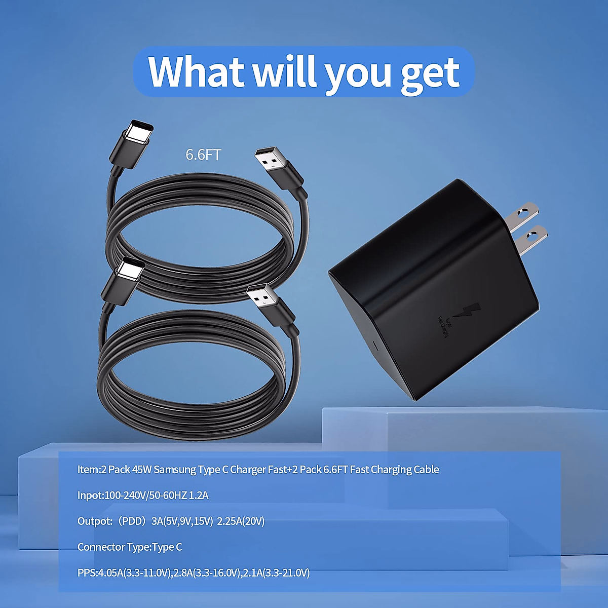 2Pack 45W USB C Super Fast Charger, Android Phone Wall Charger Fast Charging with 6.6FT USB Type C Cable for Samsung Galaxy S24 S23 Ultra/S23+/S22 Ultra/S22+/S22/S20/Note 10/20/Z Fold (6.6FT-2Pack)