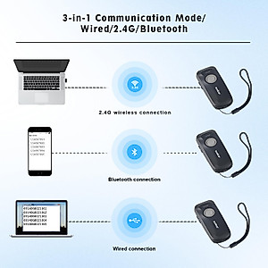 Sumicor Portable 2D Bluetooth Barcode Scanner, 1500mAh Rechargeable Battery with Level Indicator ＆ Volume Keys, 3-in-1 Bluetooth & USB Wired & 2.4G Wireless Mini QR Barcode Scanner