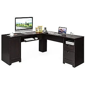 Tangkula 66" × 66" L-Shaped Desk, Corner Computer Desk with Drawers Keyboard Tray and Storage Cabinet, Home Office Desk, Sturdy and Space-Saving Computer Workstation