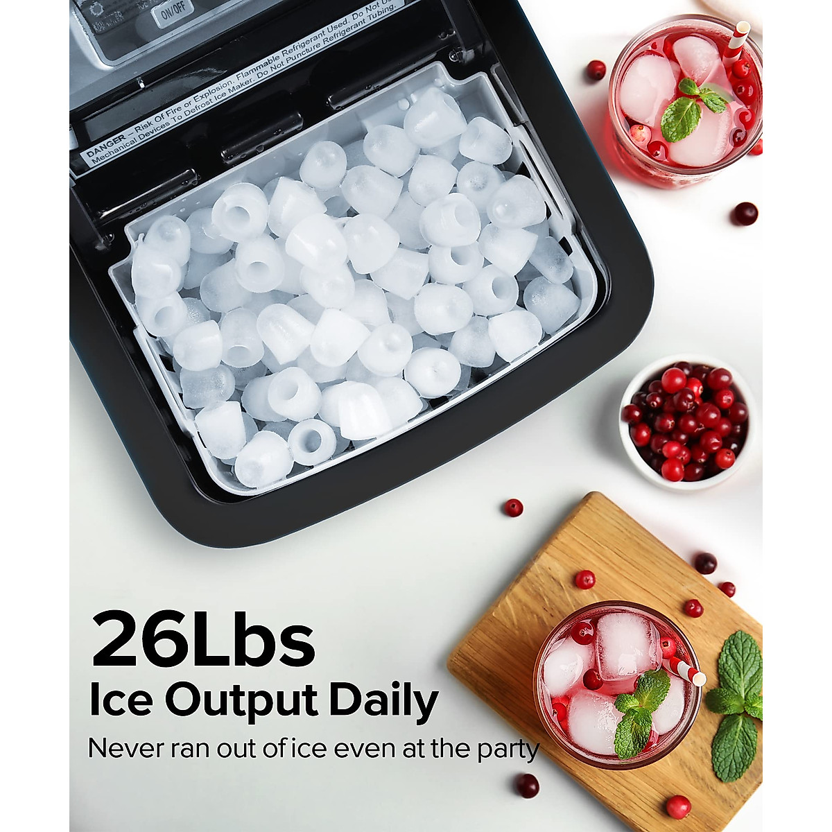 26Lbs Ice Maker Countertop, 9 Ice Cube Ready in 6 Mins, 26Lbs/24H, Self-Cleaning Ice Maker Machine, 2 Sizes Ice Cube Portable Ice Maker, Ice Scoop/Basket/Hook/5pcs Ice Bags, for Home Camping Party RV