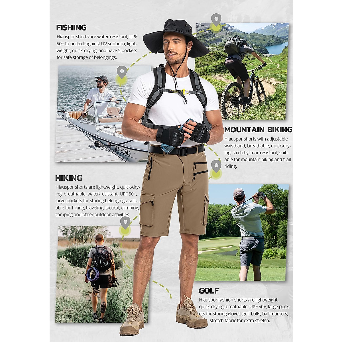 Hiauspor Men's Hiking Cargo Shorts Quick Dry Lightweight Casual Fishing Tactical Golf for Outdoor with 5 Pockets(Khaki, Medium)