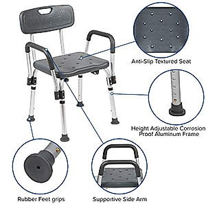Flash Furniture HERCULES Series 300 Lb. Capacity, Adjustable Gray Bath & Shower Chair with Depth Adjustable Back