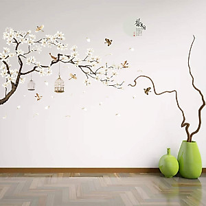 Bienstylife Peach Flower Wall Decals Tree Wall Stickers Peel and Stick Flower Wall Stickers Floral Murals for Living Room TV Background Kids Girls Room Bedroom 4 Sheets of 11.8"x35.4"