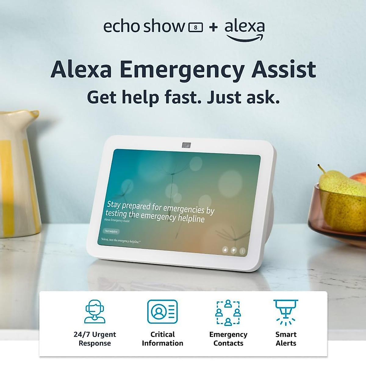Echo Show 8 (3rd Gen, 2023 release) + Alexa Emergency Assist Monthly (auto-renewal) | With Spatial Audio and Smart Home Hub | Glacier White