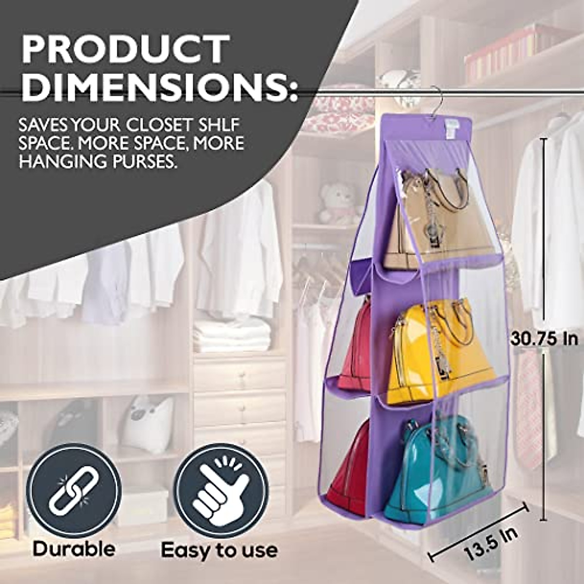 Express Living Closet Purse Organizer Storage, Hanging Handbag Organizer Foldable Dustproof Breathable Women Purse Hanger for Family Wardrobe Bedroom Closet Office 6 Pockets (46 x 15cm) Purple