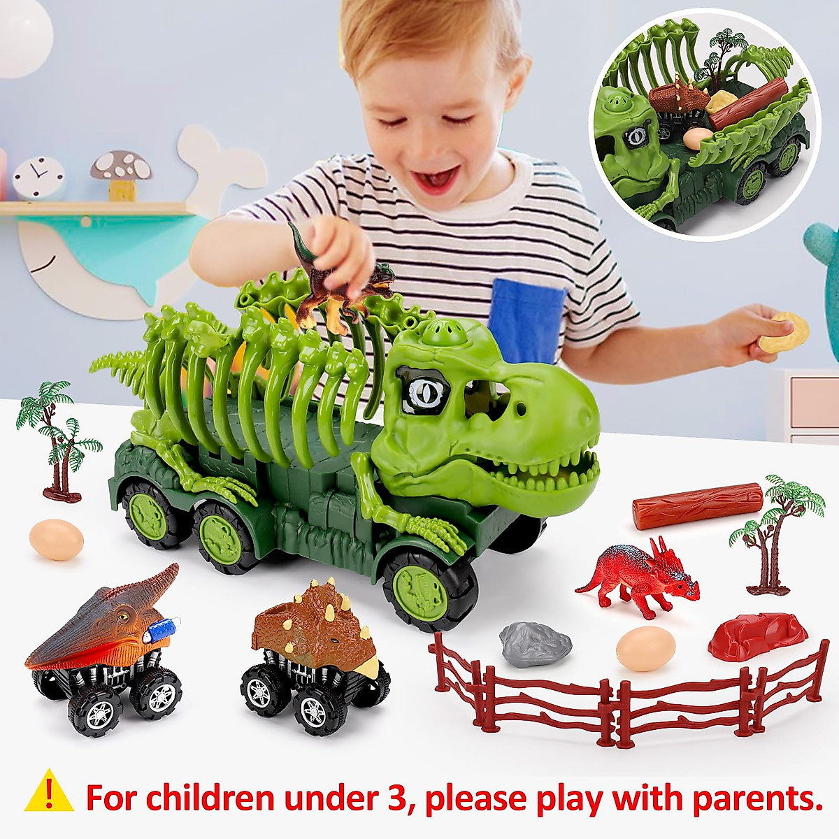 Dinosaur Trucks Toys for 2+ 3 4 5 6 Year Old Boys Birthday Gift Transport Carrier Car Vehicles Toddlers 3-5 with Sound Light, Dino Figure& Eggs Monster Truck Game Dinosaur Play Set for Kids 4-6 Girls