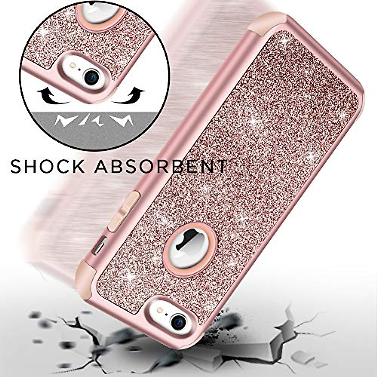 Hython Designed for iPhone 8, iPhone 7 Case, Heavy Duty Full-Body Defender Protective Case Bling Glitter Sparkle Hard Shell Hybrid Shockproof Rubber Bumper Cover for iPhone 7 and iPhone 8, Rose Gold