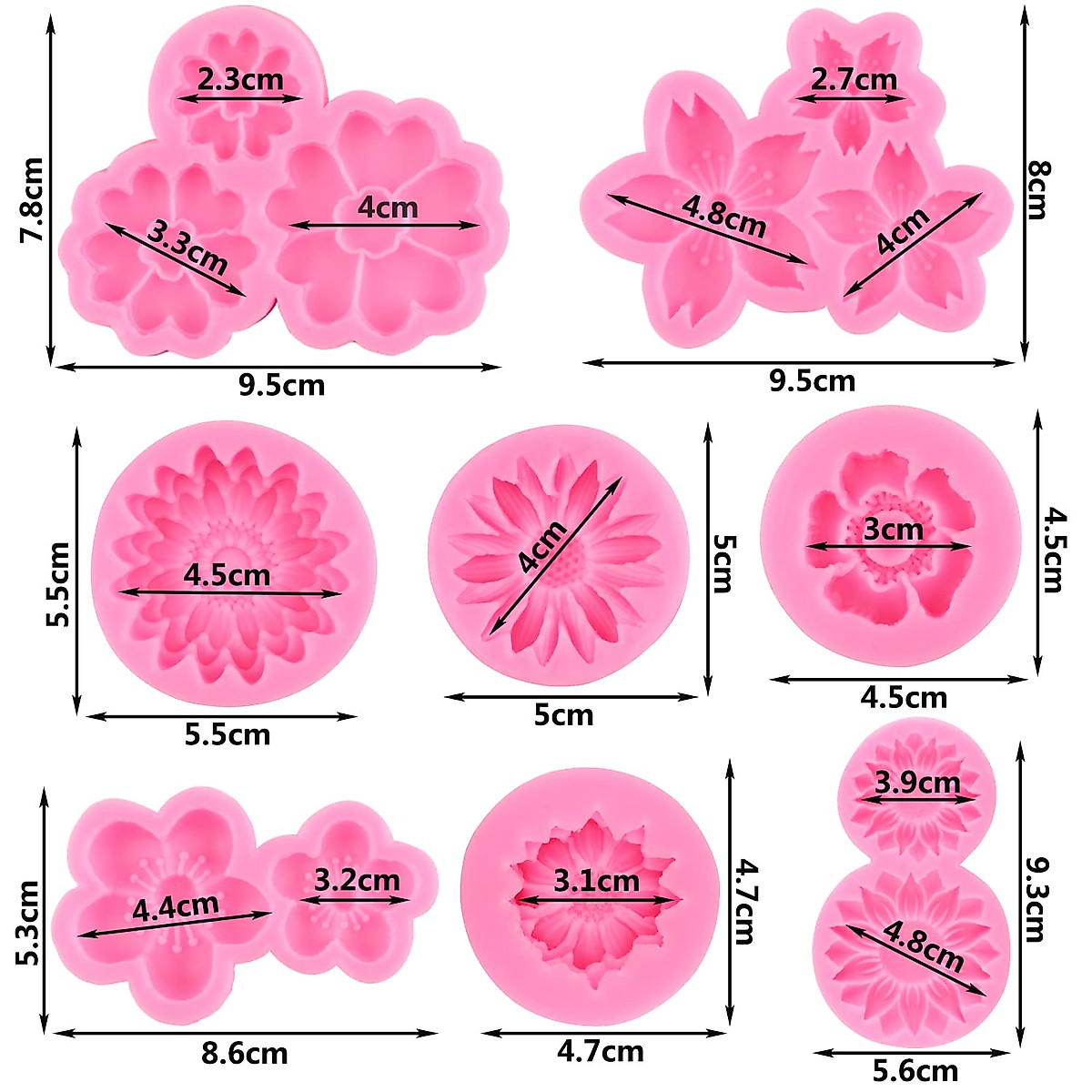 RFGHAC Chrysanthemum Flower Silicone Molds Sunflower Fondant Molds Cherry Blossoms Plum Blossoms Molds For Cake Decorating Cupcake Topper Candy Chocolate Gum Paste Set Of 8
