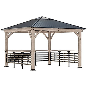 Outsunny 11' x 11' Hardtop Gazebo with Metal & Acrylic Combined Roof, Wood Frame, Permanent Pavilion Grill Gazebo with Bar Counters, Ceiling Hook, for Patio, Garden, Backyard, Deck, Lawn